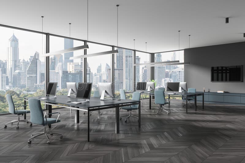 Corner View Business Interior with Pc Desktop, Tv Display and Panoramic ...