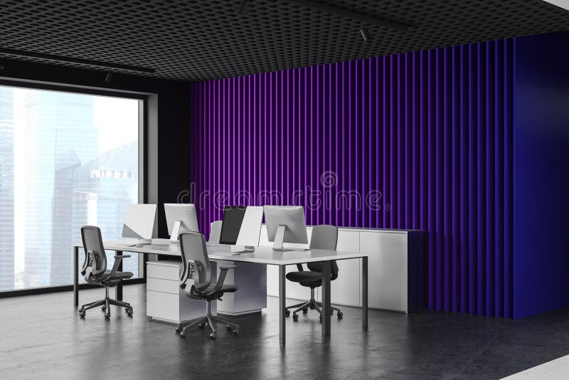 Purple Office Coworking Interior with Table and Pc Monitors, Drawer and ...