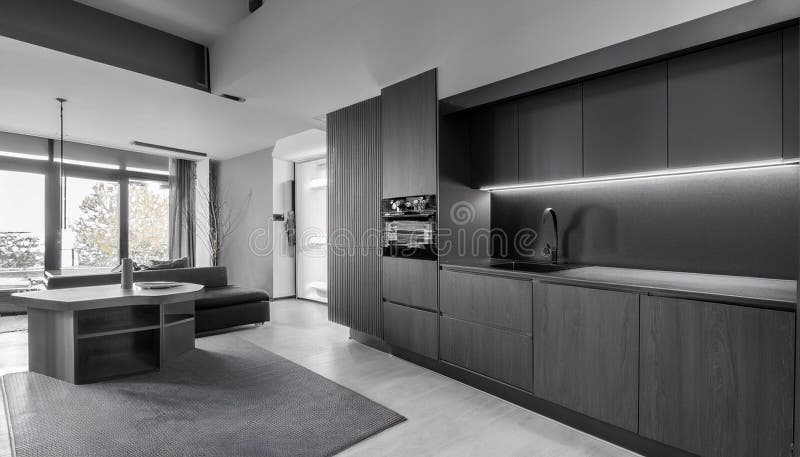 Corner View on Dark Kitchen Room Interior with Cupboard Stock ...