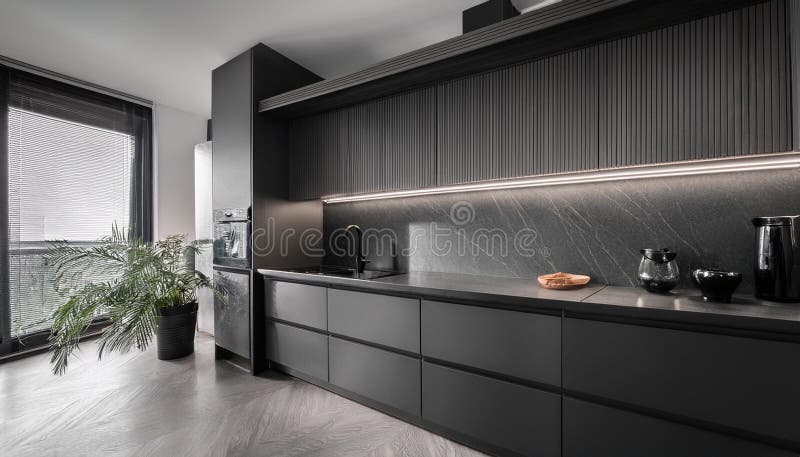 Corner View on Dark Kitchen Room Interior with Cupboard Stock ...