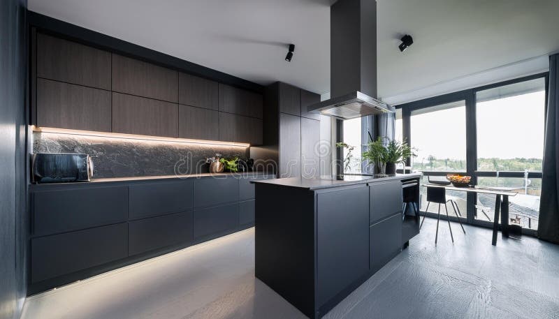 Corner View on Dark Kitchen Room Interior with Cupboard Stock ...