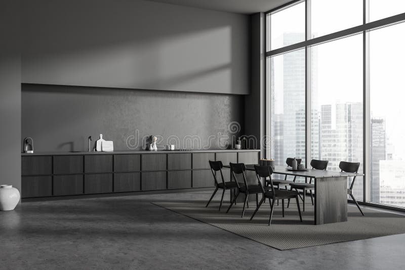 Corner View on Dark Kitchen Room Interior with Dining Table Stock ...