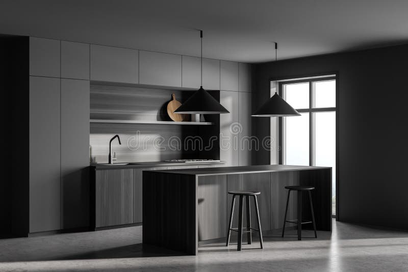 Corner View of Dark Kitchen Room Interior with Dining Table Stock ...