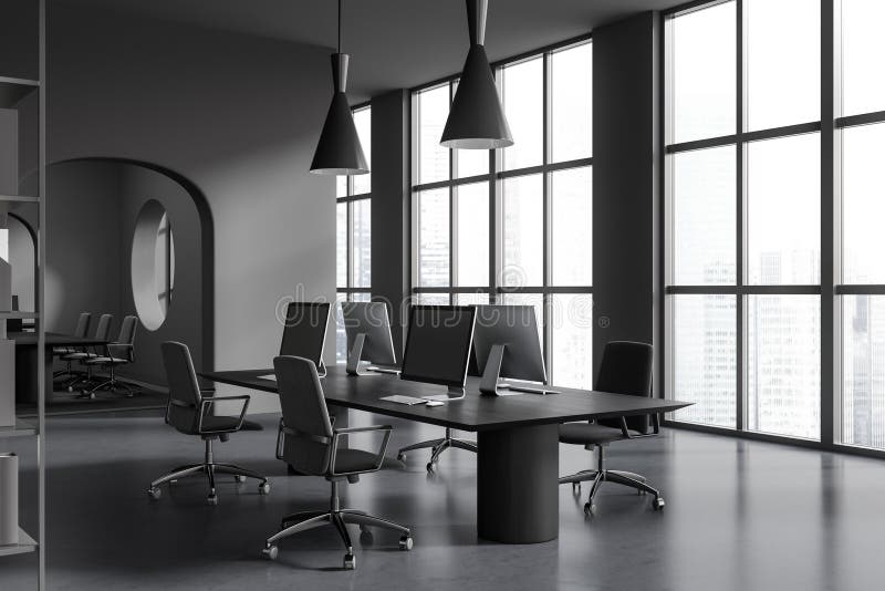 Corner View on Dark Office Room Interior with Computers, Desks Stock ...