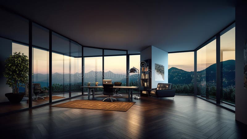 Corner View on Dark Office Room Interior with Panoramic Window ...