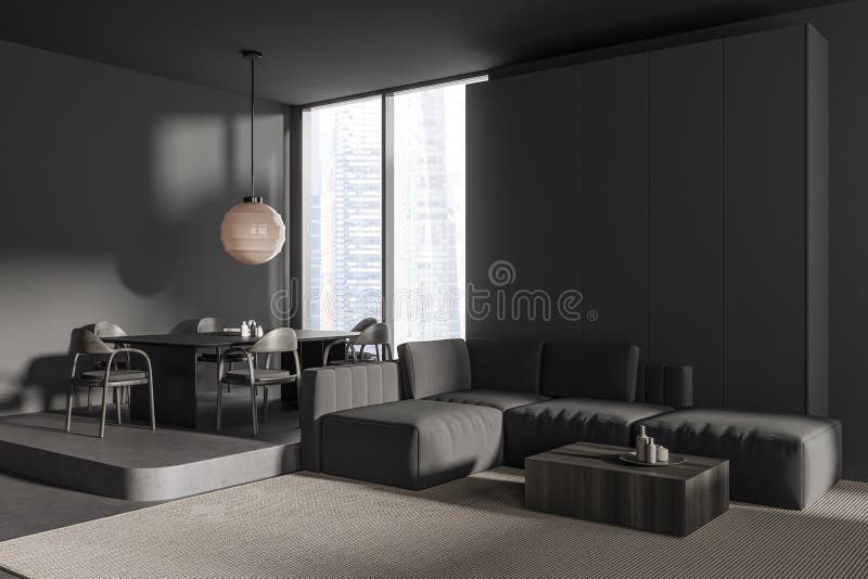 Corner View on Dark Studio Room Interior with Sofa, Armchairs Stock ...