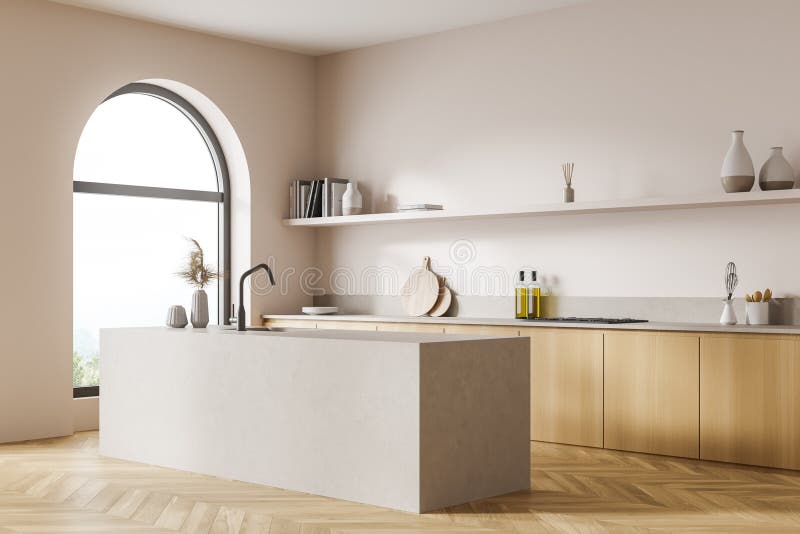 Corner View of the Double Sided Kitchen Cabinet, Light Beige Stock ...