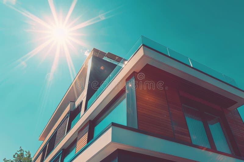 Corner View of Modern House with Red Panels Stock Photo - Image of ...