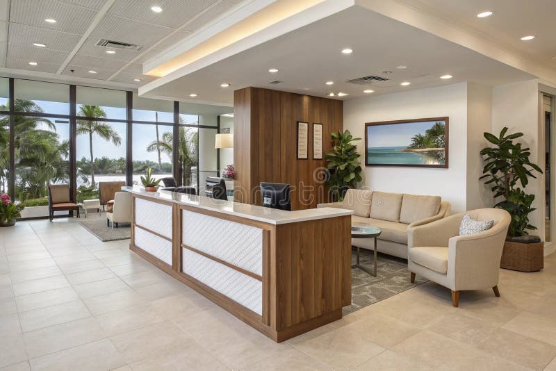 Corner View of Office Lobby with Reception and Sofas Stock Illustration ...