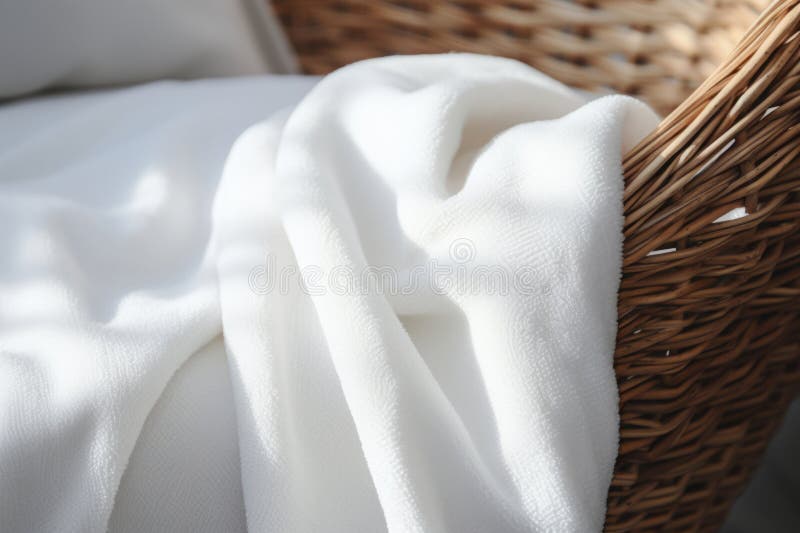 Corner of White Blanket Hanging from a Wicker Basket. Generative AI ...