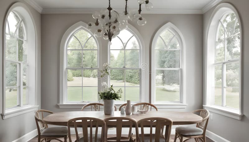 Corner of the White Dining Room with Arched Windows Stock Illustration ...