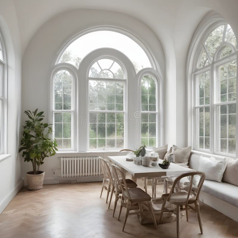 Corner of the White Dining Room with Arched Windows Stock Illustration ...