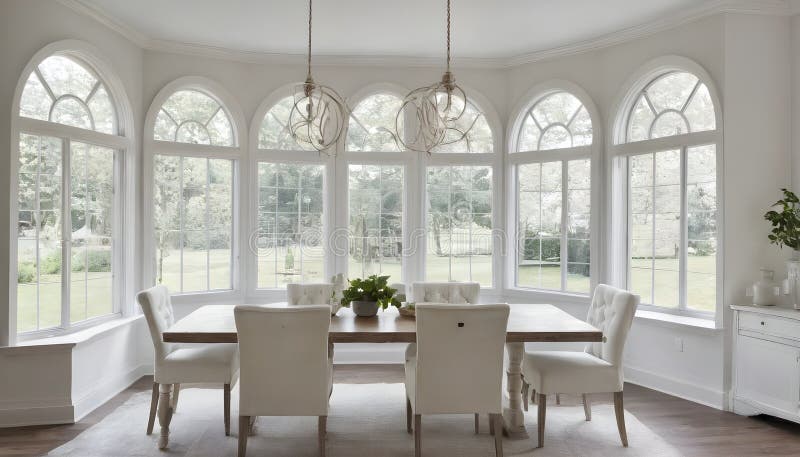 Corner of the White Dining Room with Arched Windows Stock Illustration ...