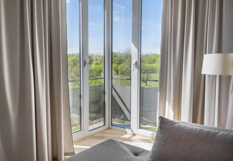 Corner Window To the Floor in the Living Room. Stock Image - Image of ...