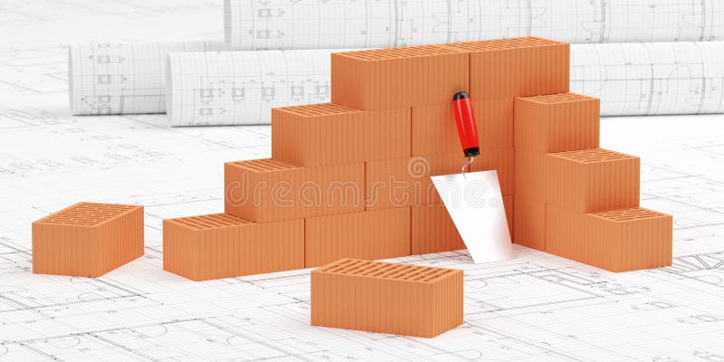 Cornered Stack of Red Brick Stones with Trowel with Drawing Plan Rolls ...