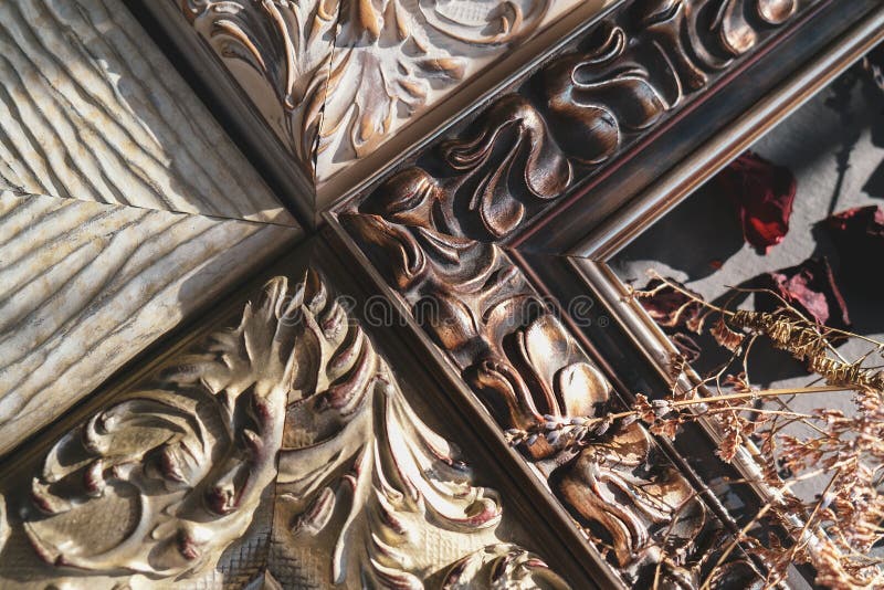Corners of Ornamental Wooden Picture Frames. Frame Shop Concept Stock ...