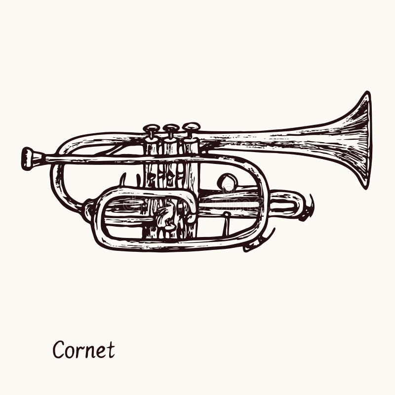 Cornet. Ink Black and White Doodle Drawing in Woodcut Style Stock ...