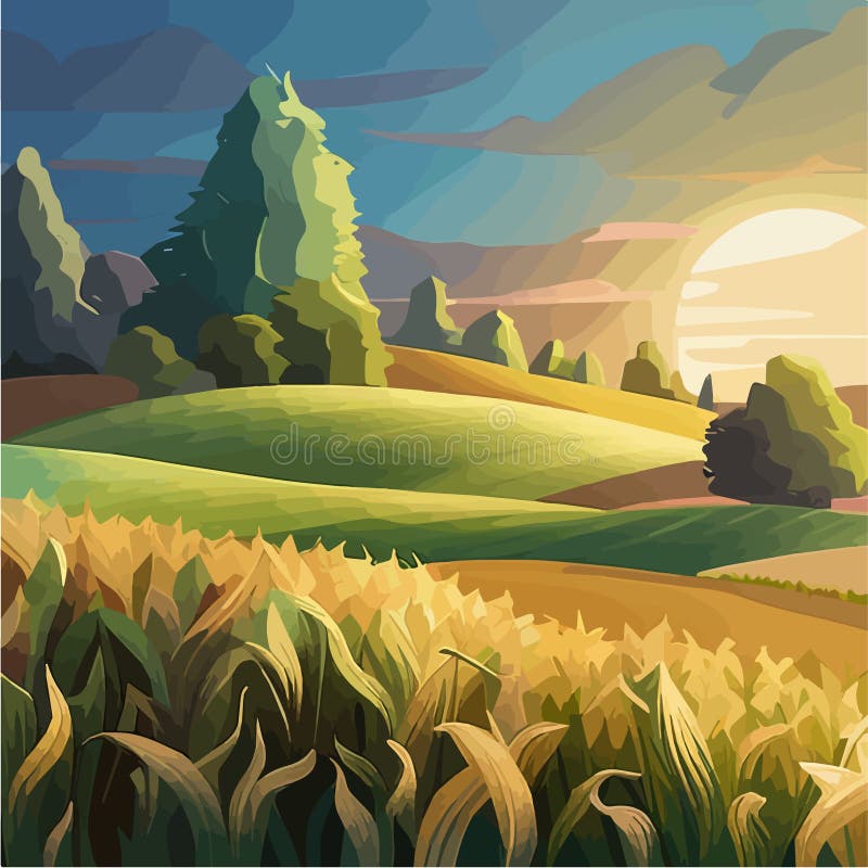 Cornfield Landscape Vector Illustration Cartoon Landscape with Tall ...