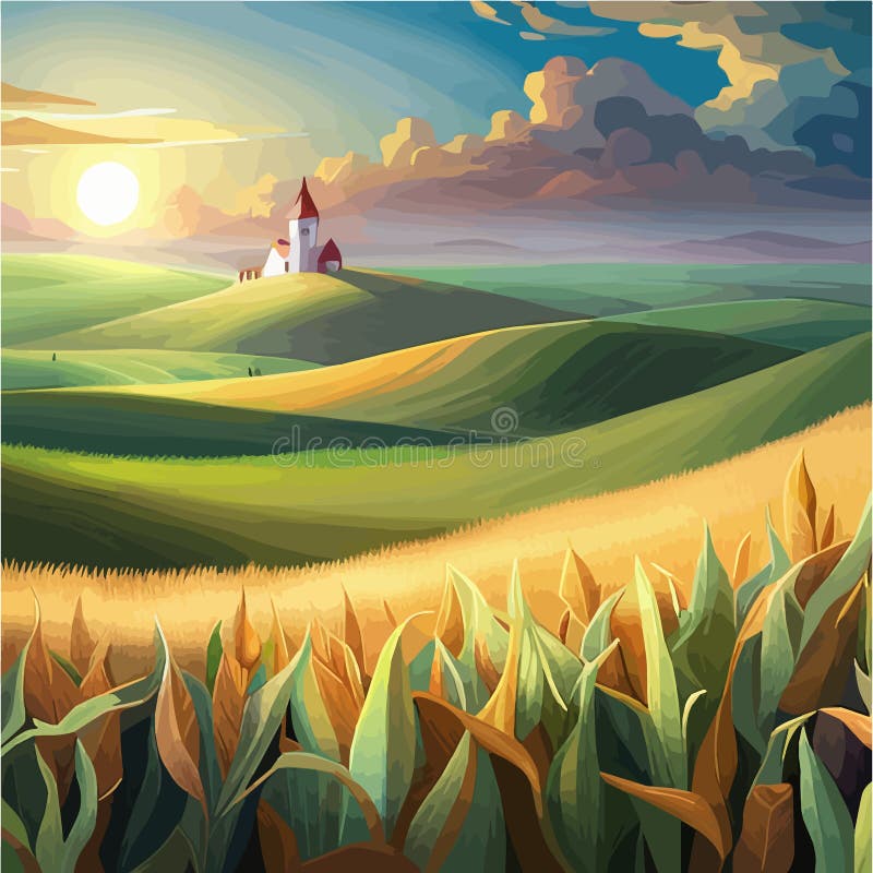 Cornfield Landscape Vector Illustration Cartoon Landscape with Tall ...