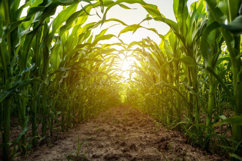 Cornfield Rows Captured from Ground Level at Sunrise Stock Photo ...