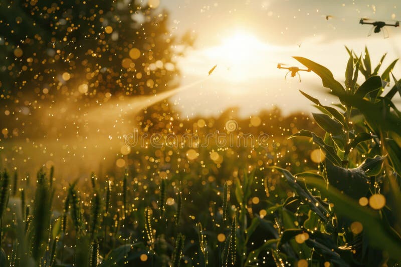 Cornfield at Sunrise with Dust or Pollen Particles. Stock Photo - Image ...