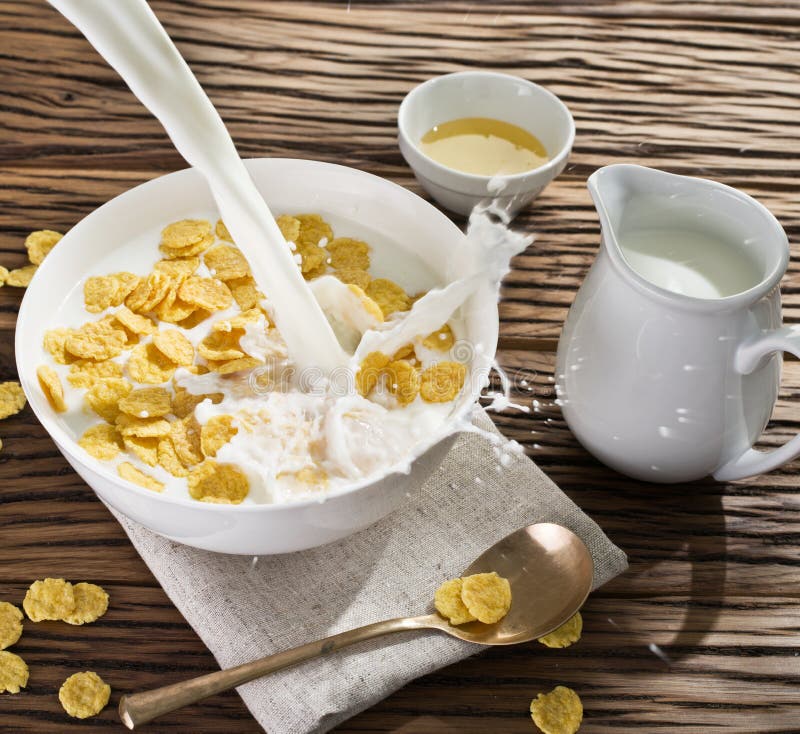 Cornflakes Cereal and Milk. Stock Photo - Image of silver, table: 56898586