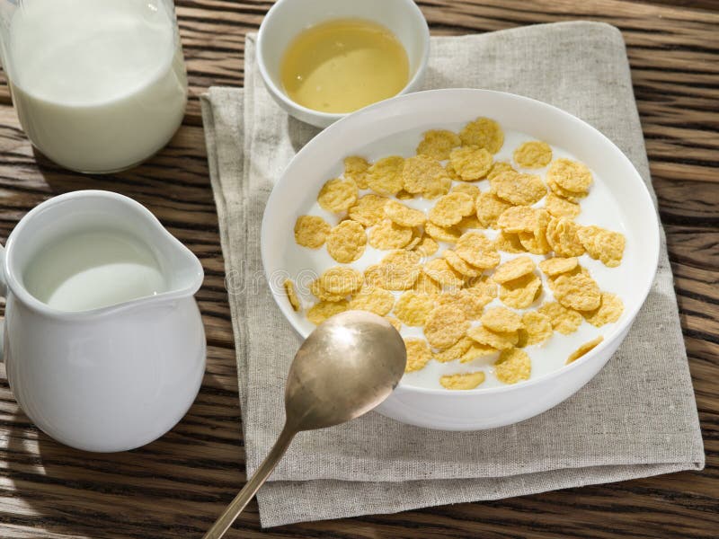 Cornflakes Cereal and Milk. Stock Image - Image of flakes, closeup ...