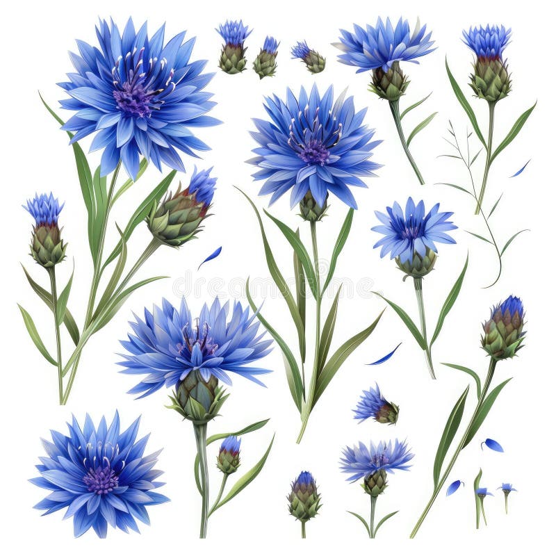 Cornflower Bloom Set Isolated Stock Illustration - Illustration of ...