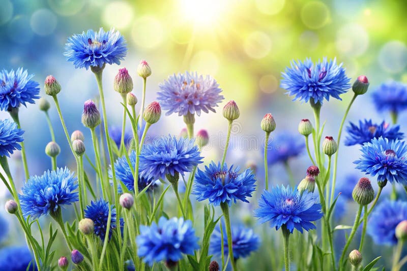 Cornflowers Wild Blue Flowers Blooming Border Art Design Stock ...