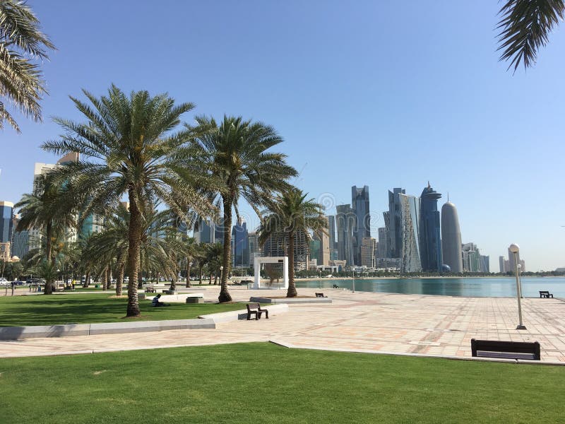 Corniche Promenade stock image. Image of bench, skyline - 73844623