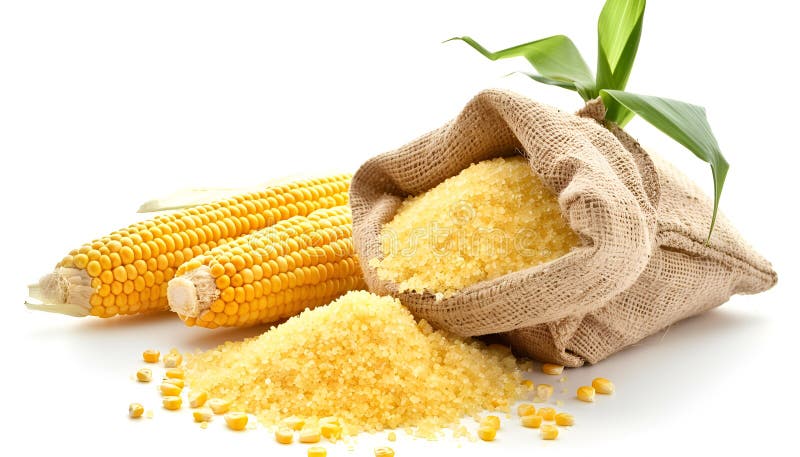 Cornmeal in Canvas Bag and Corncob with Leaves Isolated on White ...