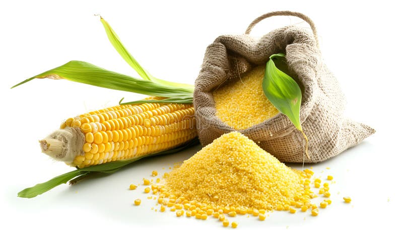 Cornmeal in Canvas Bag and Corncob with Leaves Isolated on White ...