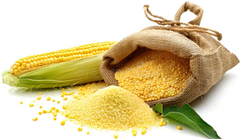 Cornmeal in Canvas Bag and Corncob with Leaves Isolated on White ...