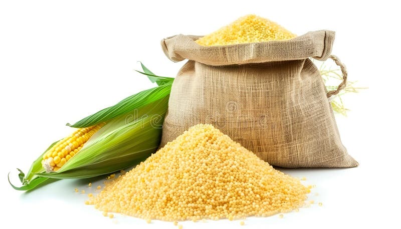 Cornmeal in Canvas Bag and Corncob with Leaves Isolated on White ...