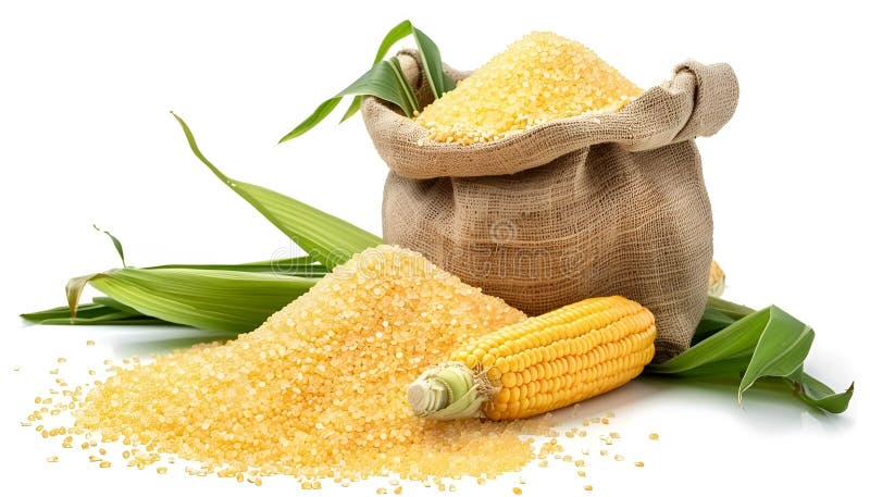 Cornmeal in Canvas Bag and Corncob with Leaves Isolated on White ...