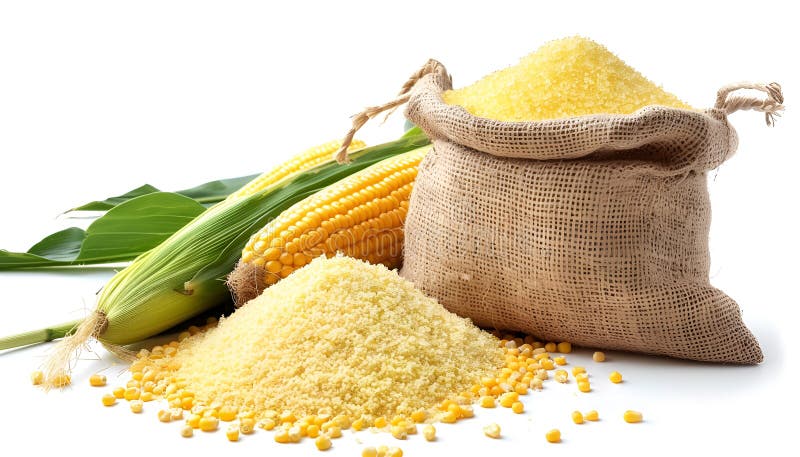 Cornmeal in Canvas Bag and Corncob with Leaves Isolated on White ...