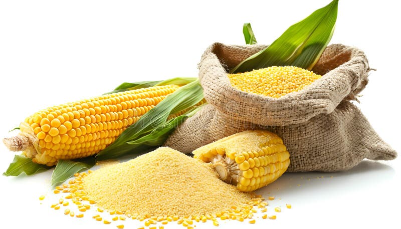 Cornmeal in Canvas Bag and Corncob with Leaves Isolated on White ...