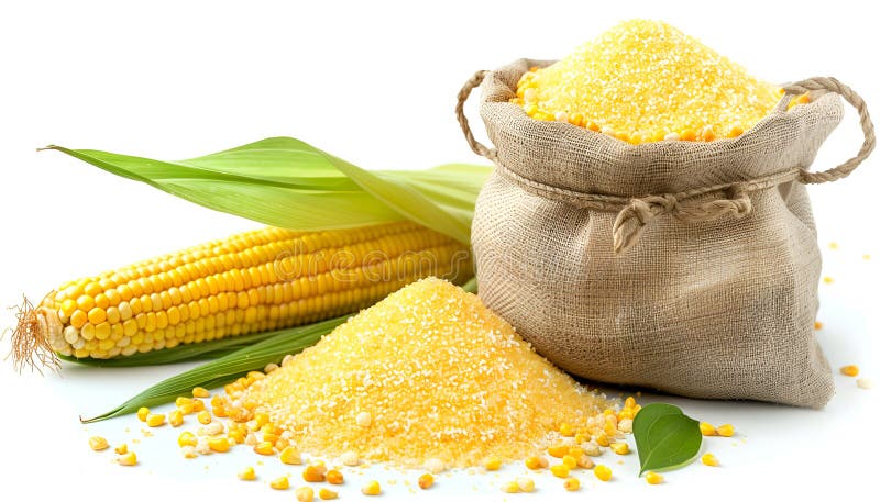 Cornmeal in Canvas Bag and Corncob with Leaves Isolated on White ...