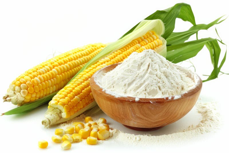 Cornstarch in a Bowl with Fresh Corn Cobs on White Background Stock ...