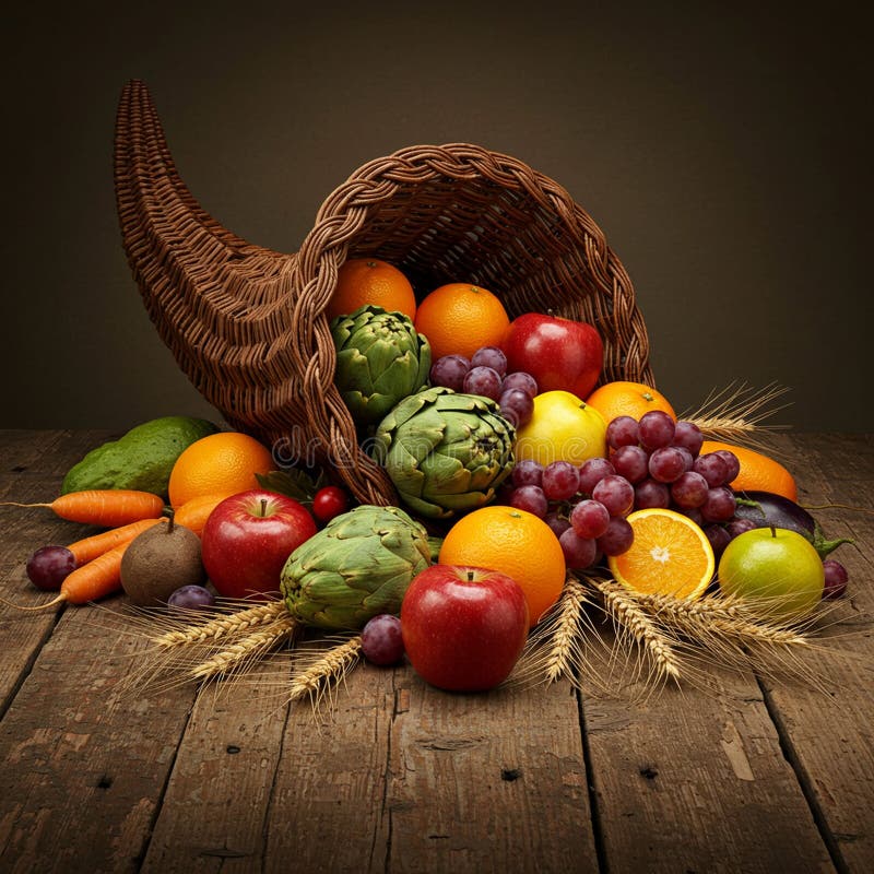 A Cornucopia, or Horn of Plenty, Overflows with Assorted Fruits and ...