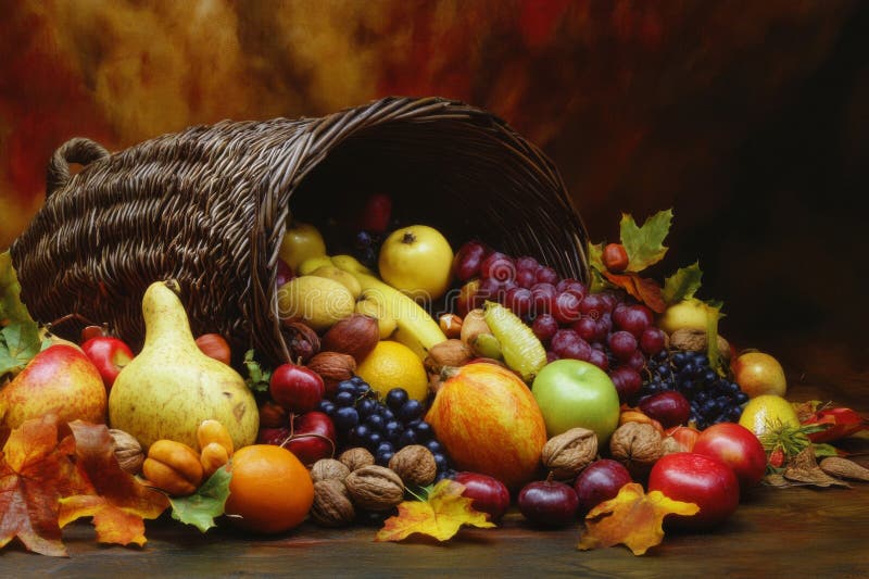 A Cornucopia Overflowing with Autumn Fruits and Nuts Stock Illustration ...