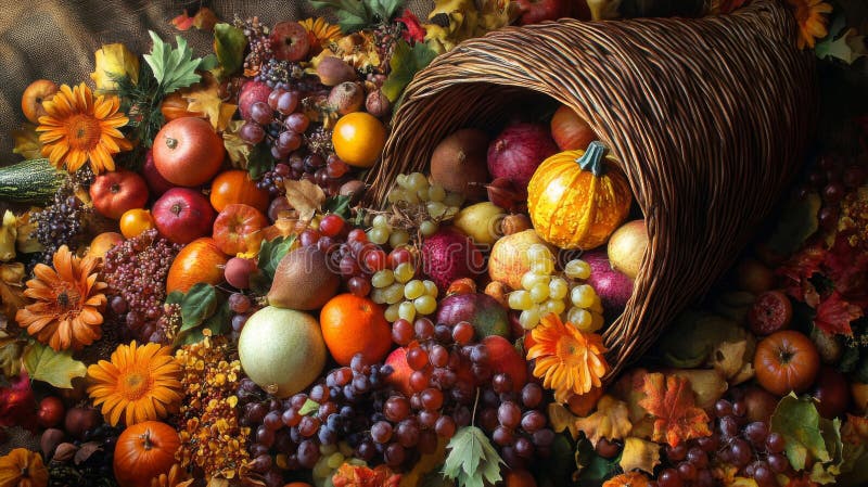 A Cornucopia Overflowing with Autumn Fruits, Vegetables, and Flowers ...