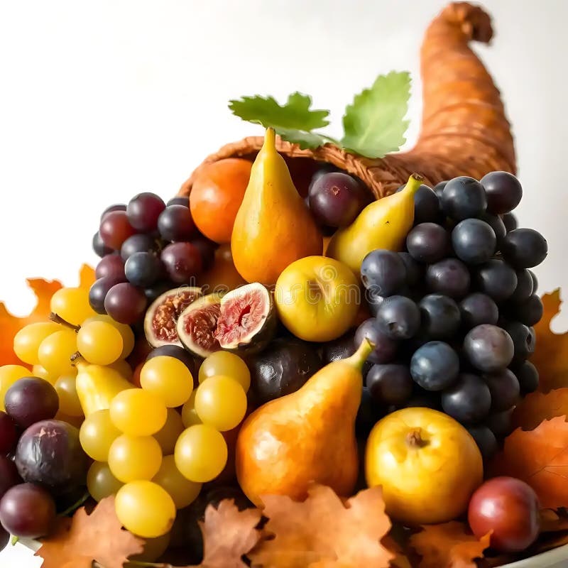 A Cornucopia Overflowing with Fruit and Autumn Leaves Stock ...