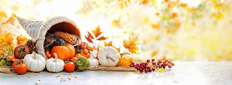 Cornucopia with Pumpkins and Autumn Leaves on Harvest Table with Yellow ...