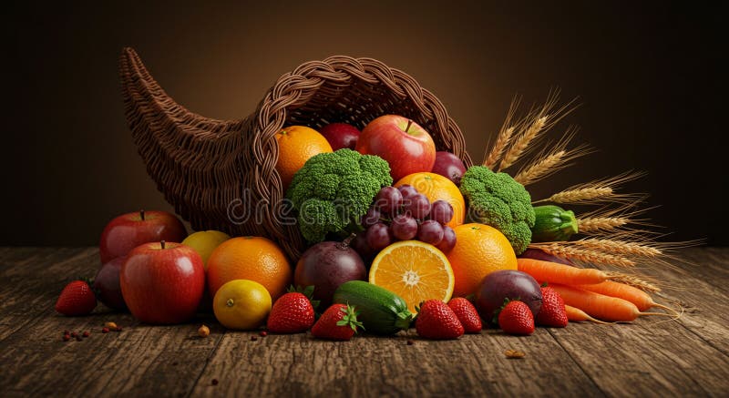 A Cornucopia Woven from Wicker Overflows with an Assortment of Fruits ...