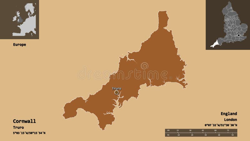 Cornwall, Administrative County of England, on White. Relief Stock ...