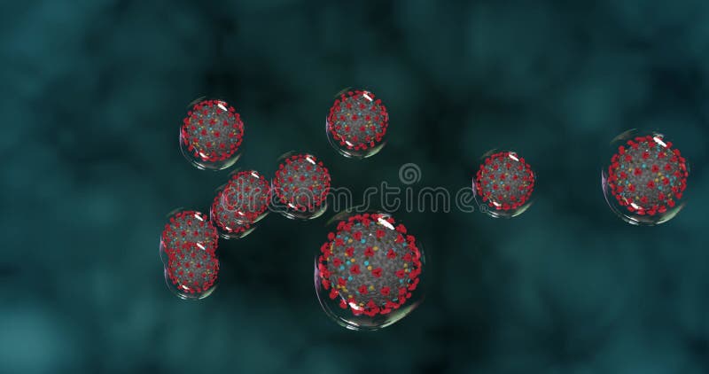 Coronavirus Cells on Blue Background . Small Droplets with Covid-19 ...