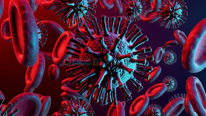 Coronavirus Cells Floating among Red Blood Cells with Dramatic Lighting ...