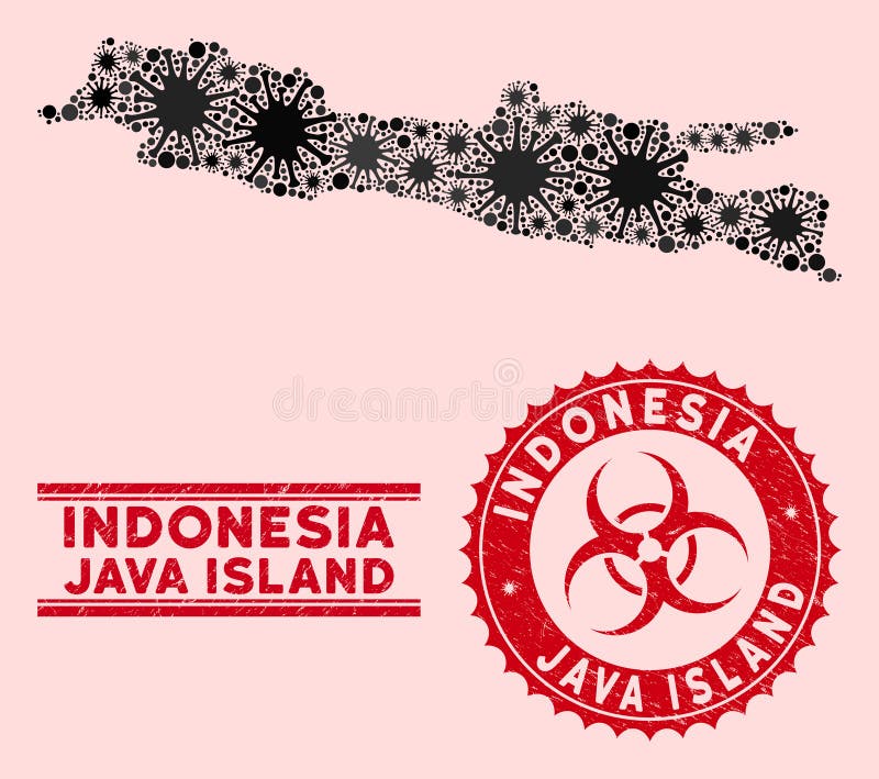 Coronavirus Collage Java Island Map with Distress Biohazard Seals Stock ...