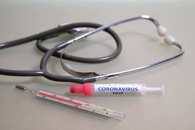 Coronavirus Covid-19. Empty Test Tube, Thermometer and Stethoscope ...